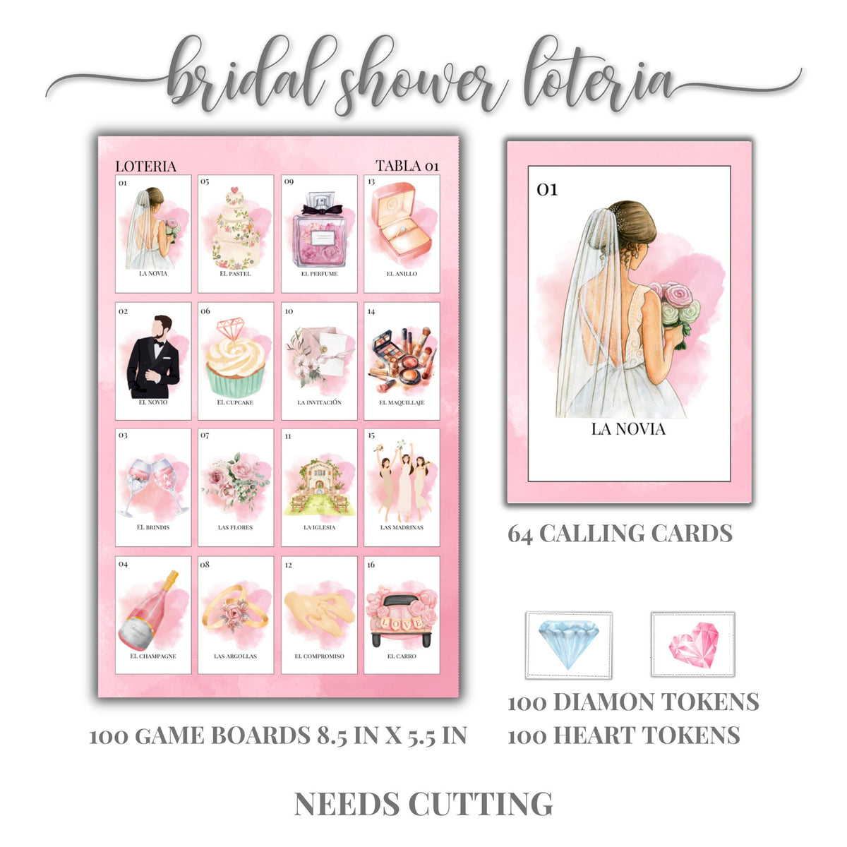 Bridal Shower Bingo In Spanish - 100 Cards - Wedding Shower Bingo In S ...